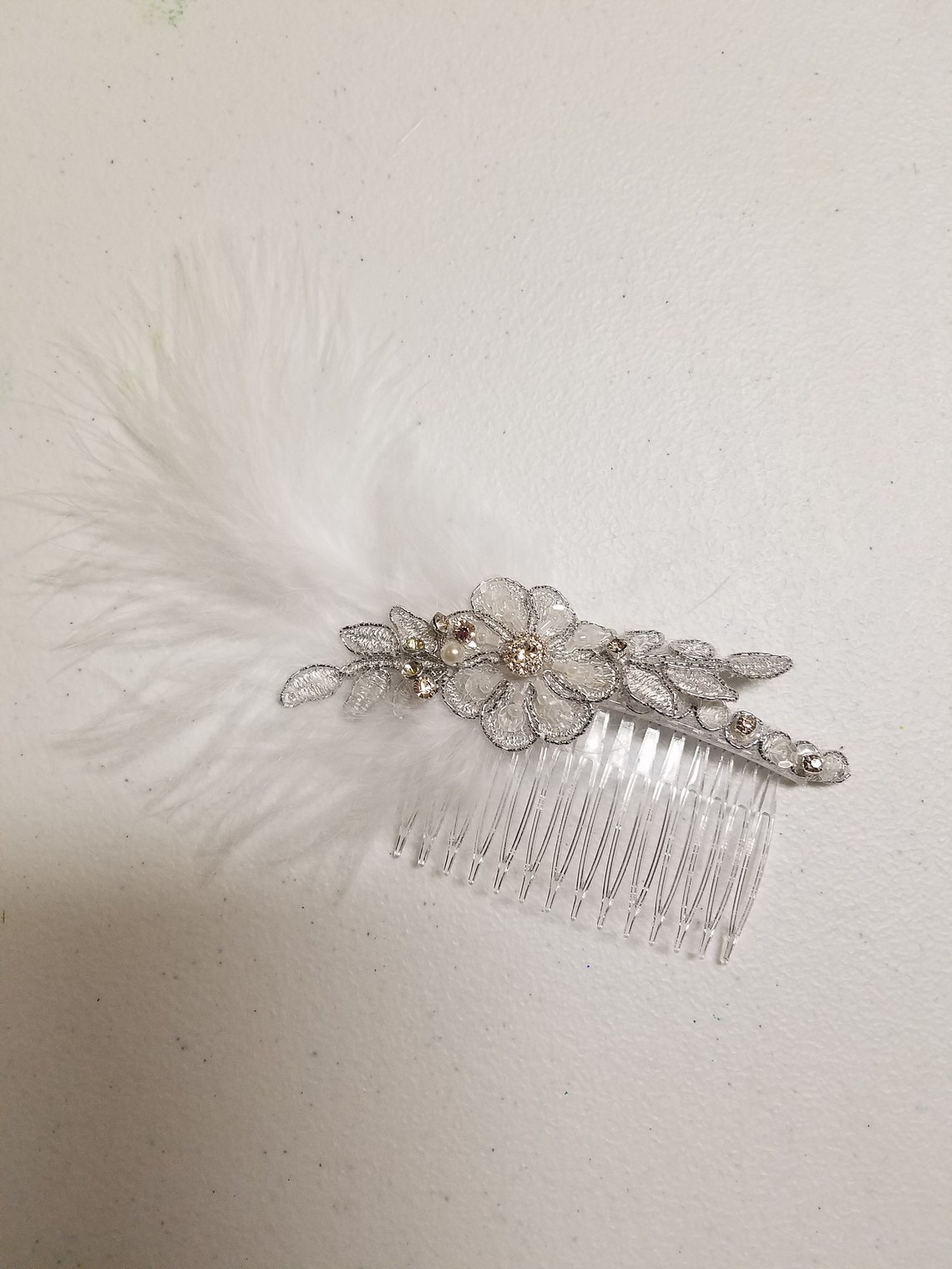 White feather comb with Silver trim and rhinestones prom hair | Etsy