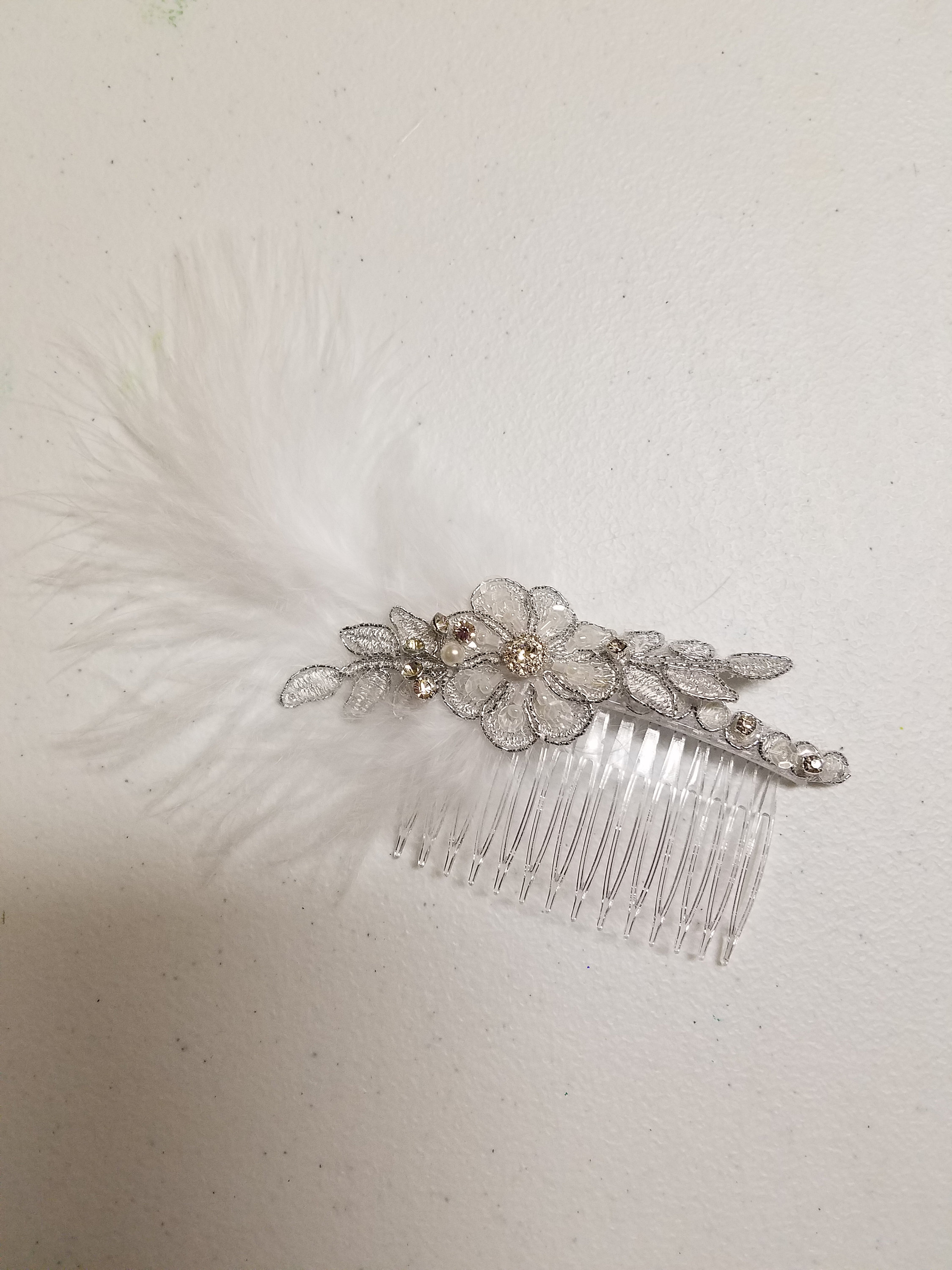 White feather comb with Silver trim and rhinestones prom hair | Etsy