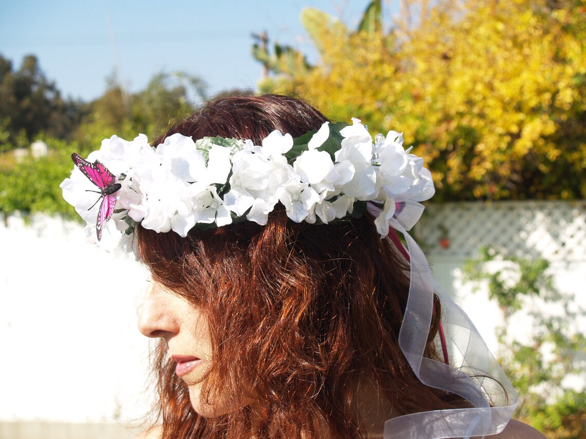 Wedding White Hydrangeas CROWN Hot Pink Butterflies, White and Hot Pink ...