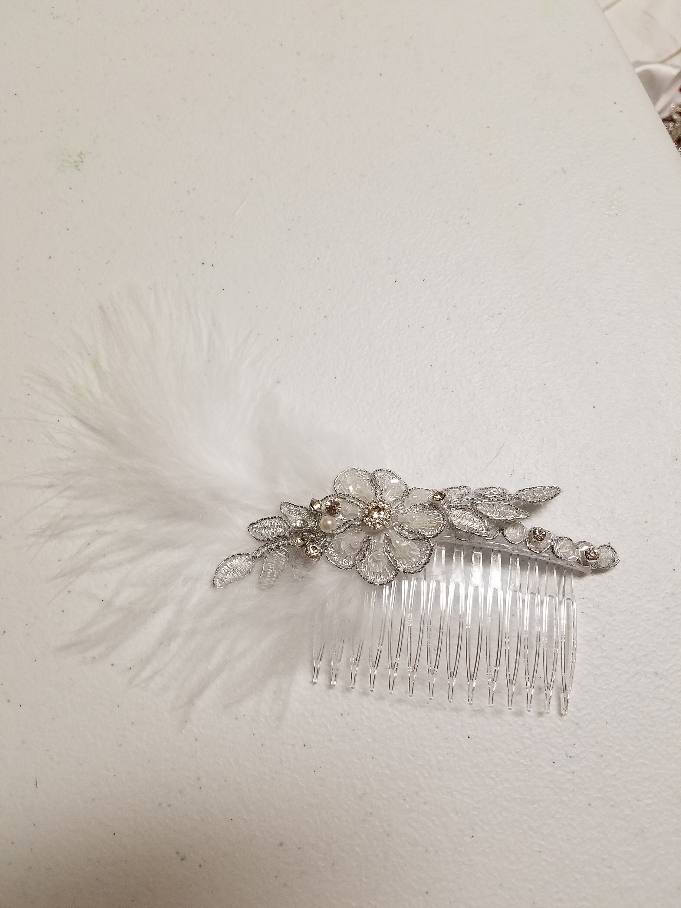 White Feather Comb With Silver Trim and Rhinestones Prom Hair - Etsy