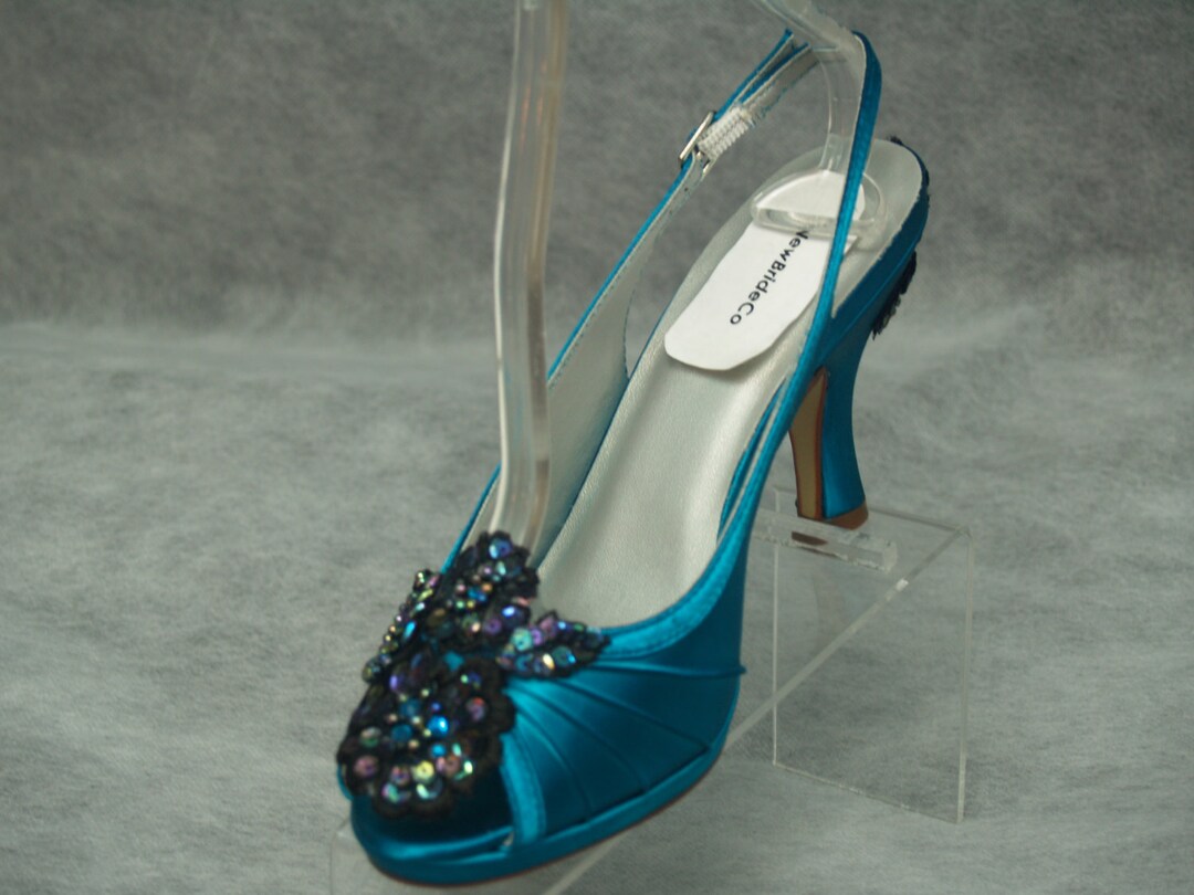 SIZE 7 Shoes Teal & Black Medium Heel, Peep Toe Slingbacks, Something ...