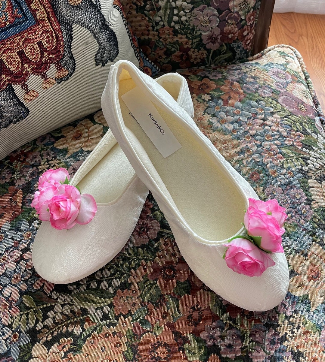 Size 9 Brides Vegan Flats With Roses Lace Shoes Ivory & Hot Pink ...