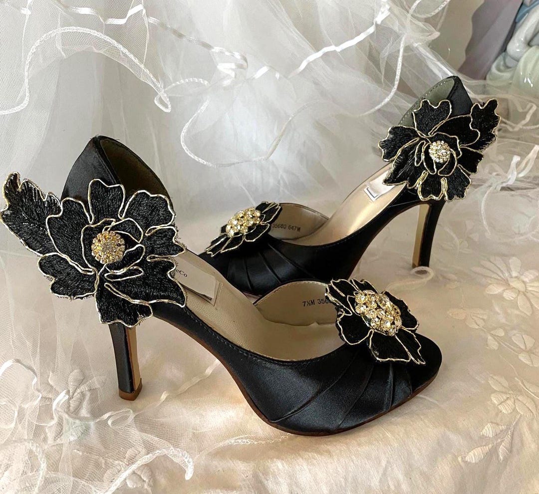 Black & Gold Flower Heels: Embellished Prom Shoes - Etsy