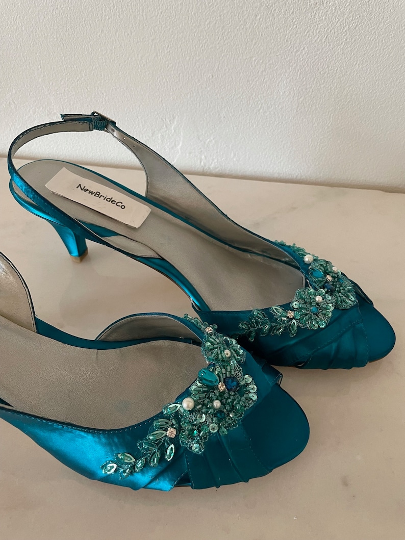 Teal Beaded Slingback Low Heels: Handmade Bridal Shoes (2 1/4") - Etsy