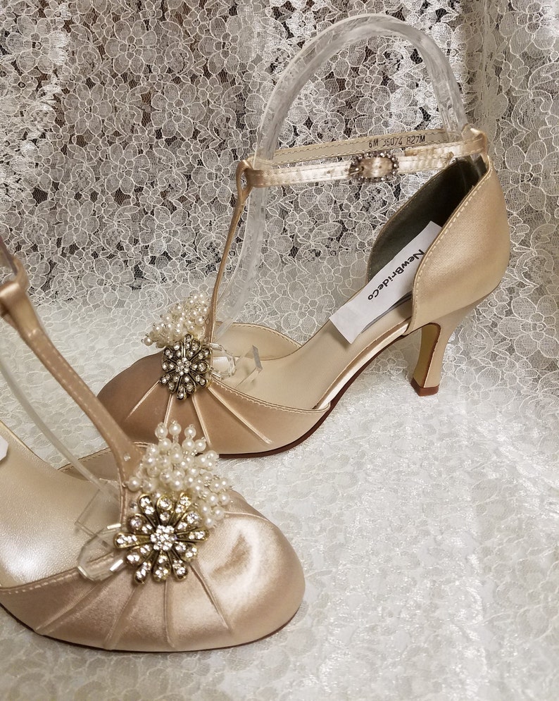 Champagne Wedding Shoes Mid Heel Vintage Style 40s Round Toe - Etsy Ireland