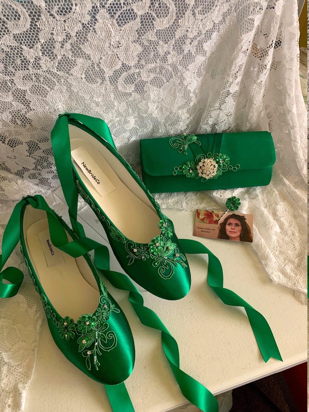 Emerald Green Wedding Ballerina Flats: Lace & Crystal Satin Shoes - Etsy UK