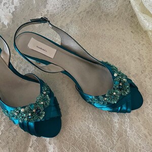 Teal Beaded Slingback Low Heels: Handmade Bridal Shoes (2 1/4") - Etsy