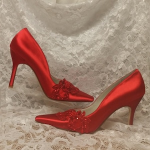 Red Satin & Lace Wedding Shoes Sexy Heels, 3 1/2" Closed Toe Heels ...