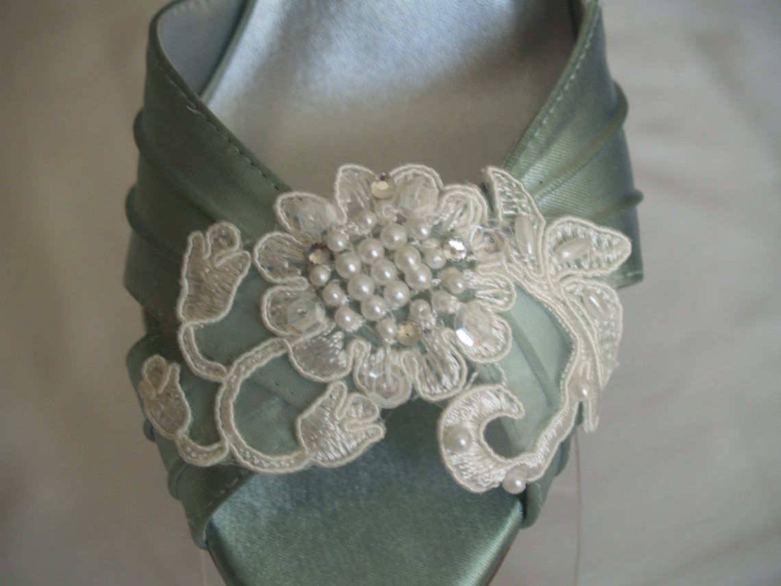 Brides Sage Wedding Shoes With Beautiful Ivory or White Appliqué, Peep ...