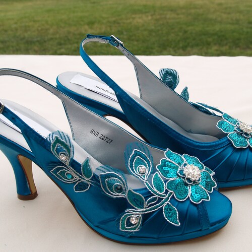 Teal Bridal Wedding Shoes Peacock Comfortable Satin Heels Etsy