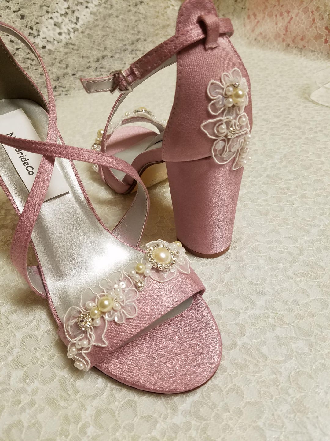 Size 7 1/2 Mauve Wedding Shoes,bridal Thick Heels Trimmed W Lots of ...