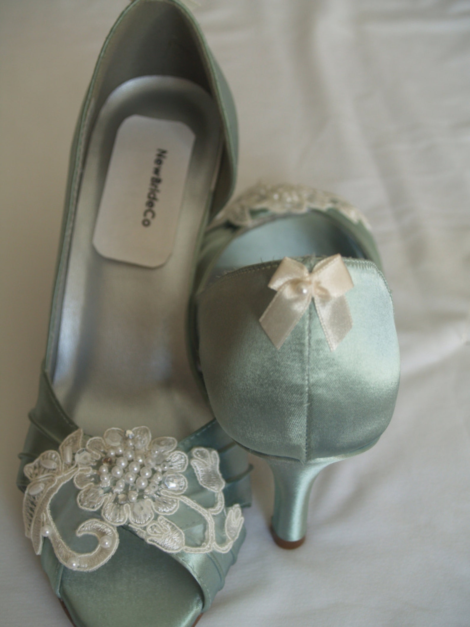 Brides Sage Wedding Shoes With Beautiful Ivory or White Appliqué, Peep ...