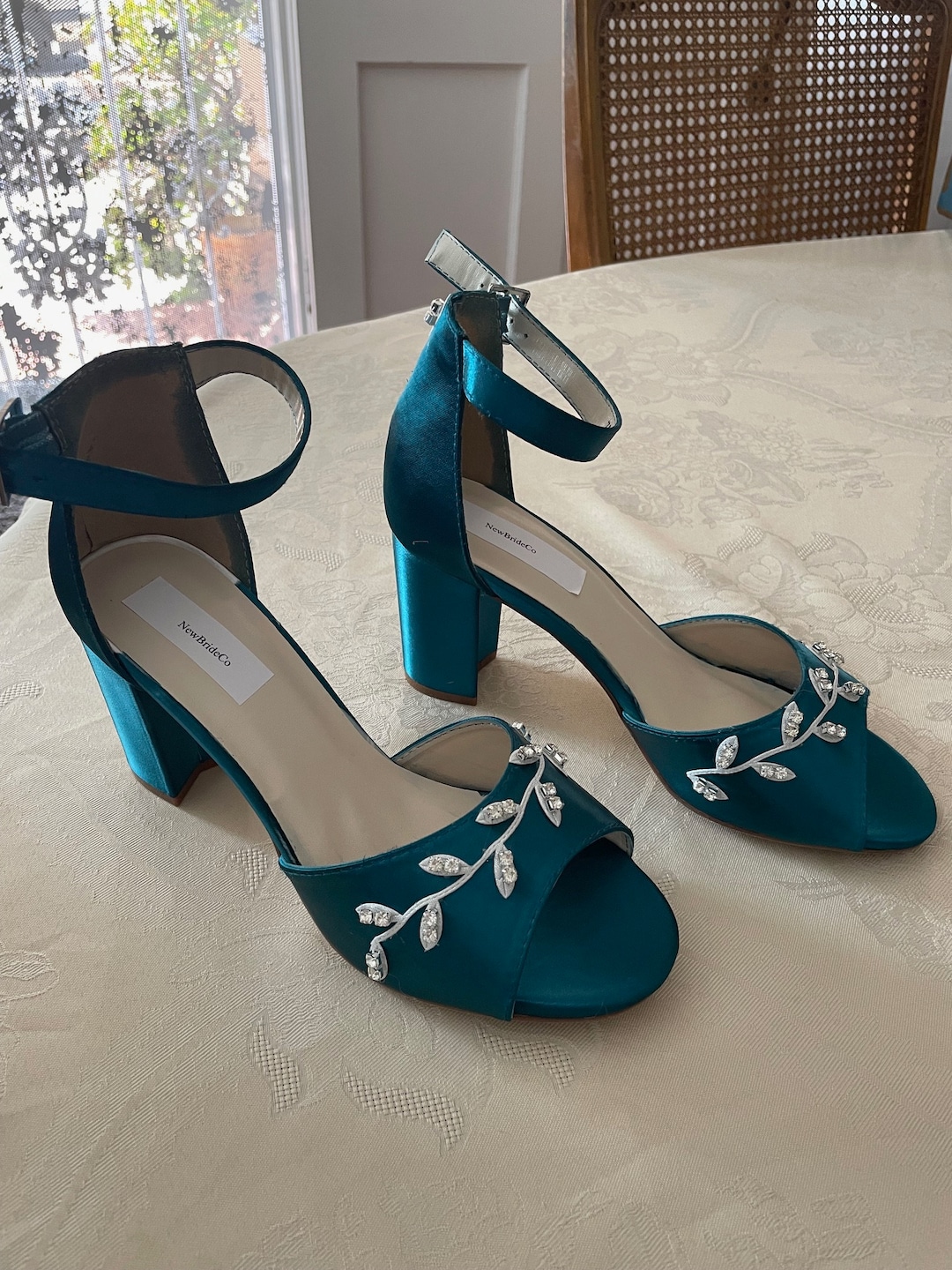 Teal Satin Wedding Shoes: Block Heel With Crystal Vine Detail - Etsy