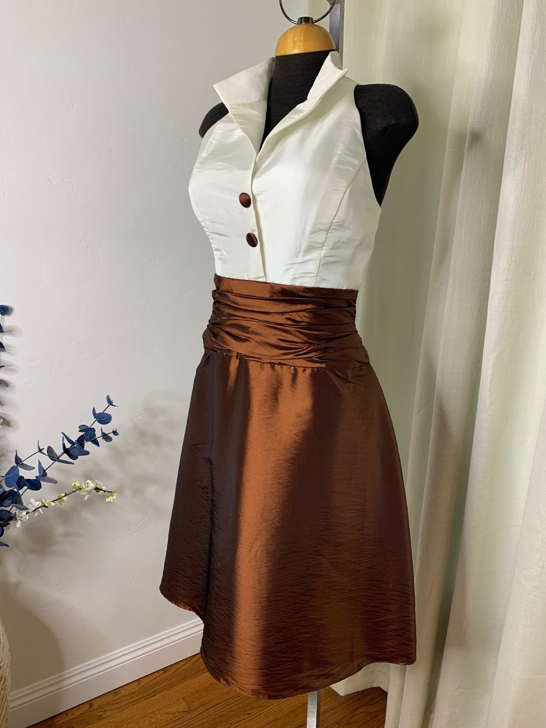 Sleeveless Dress Shirt Style Dress, Ivory and Mink Brown Short Dress in ...