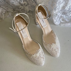 Off-white or Ivory Shoes Lace Front Mid Block Heel Beaded Lace Trim ...