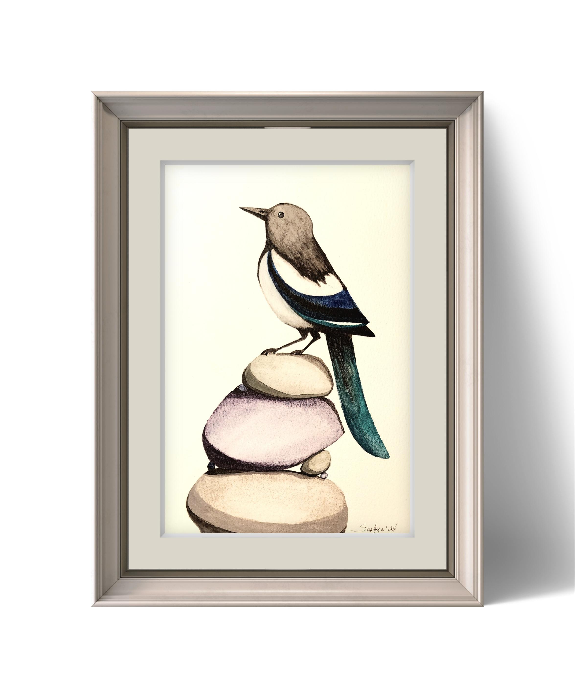 Zen Bird on Zen Rocks Watercolor Painting, Original Art, Gift, Present ...