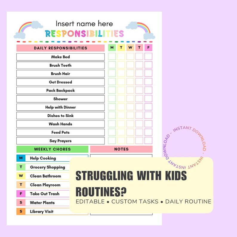 Editable Kids Responsibility Chart | Custom Chore & Routine Printable ...