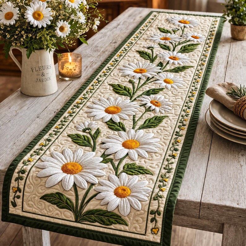 Daisy Quilted Table Runner, Spring Floral Table Decor, Cottagecore ...
