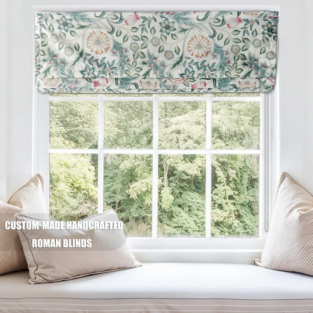 Custom Ivory Floral Cotton Roman Shade, Drawstring System, Window Blind ...