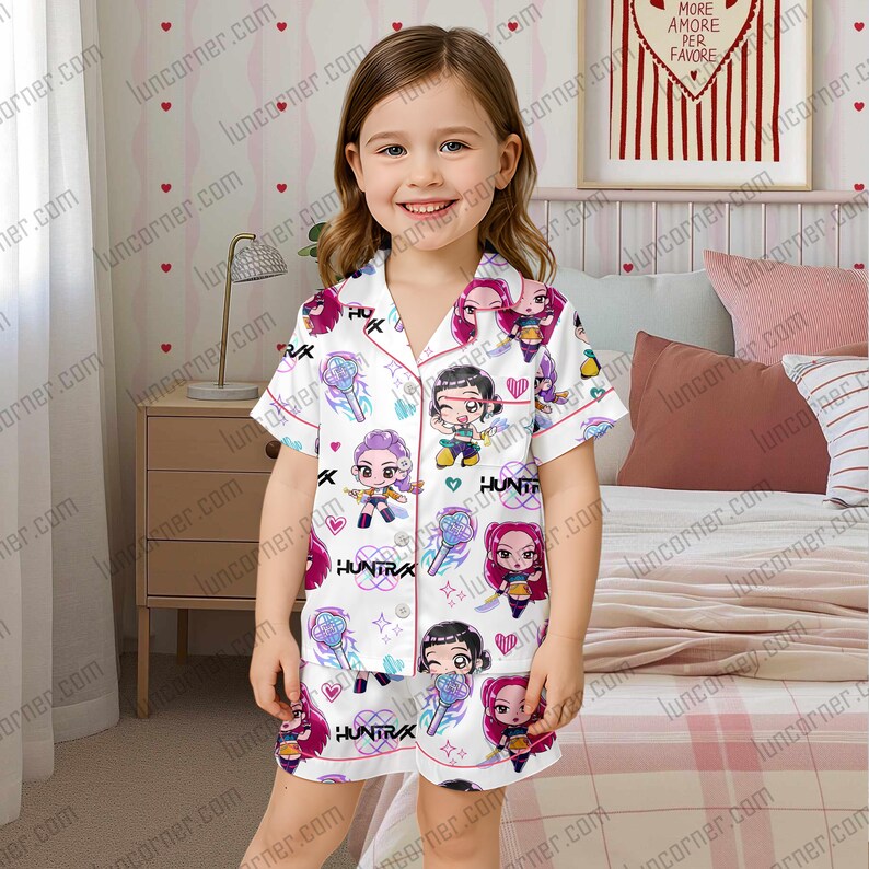 Huntrix Kpop Demon Hunter Kids Pajamas – Satin Chibi Cartoon Pjs, Cute ...
