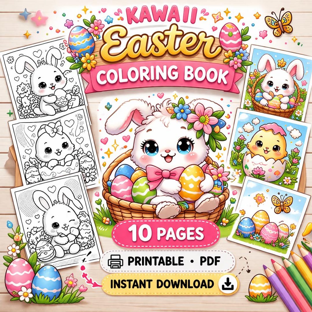 Kawaii Easter Coloring Pages for Kids, Printable Bunny Activity Sheets ...