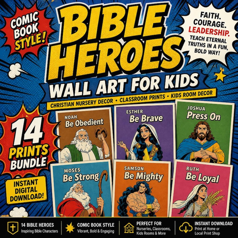 Comic Book Style Bible Heroes Wall Art for Kids | Christian Nursery ...