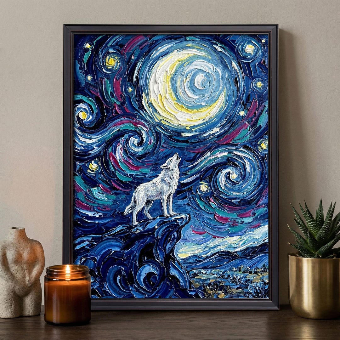 White Wolf Howling Starry Night Print | Mythical Canvas Wall Art ...