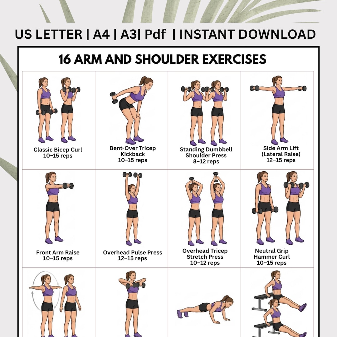 16 Dumbbell Arm & Shoulder Exercise Poster, Upper Body Workout Chart ...