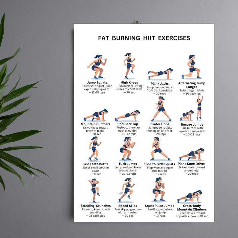 Fat Burning HIIT Workout Printable, Full Body Cardio Exercise Chart - Etsy