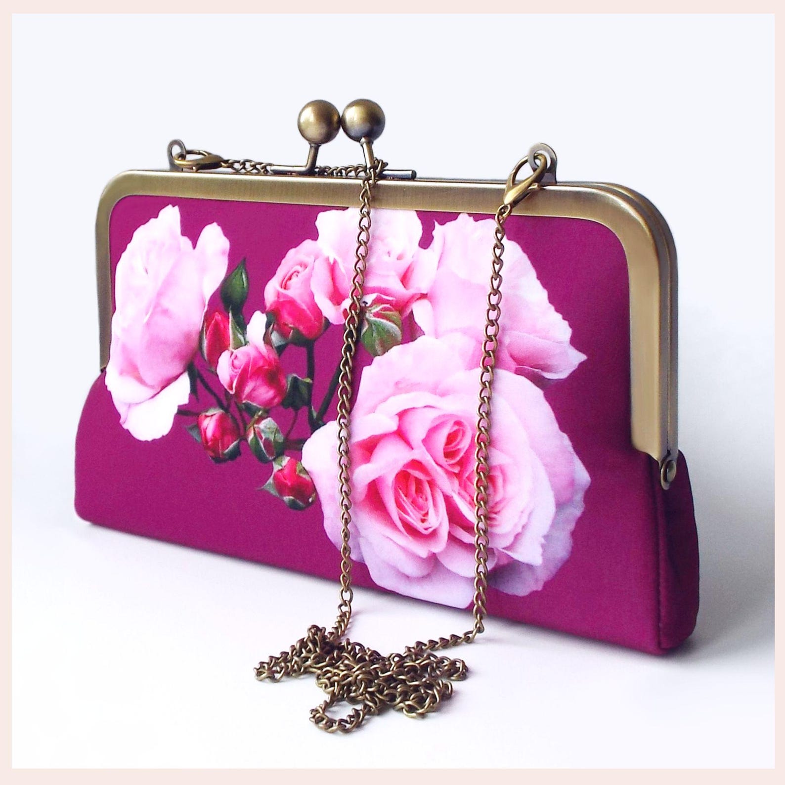 Magenta Clutch Bag, Wedding Guest Clutch With Pink Roses or Peony Print ...