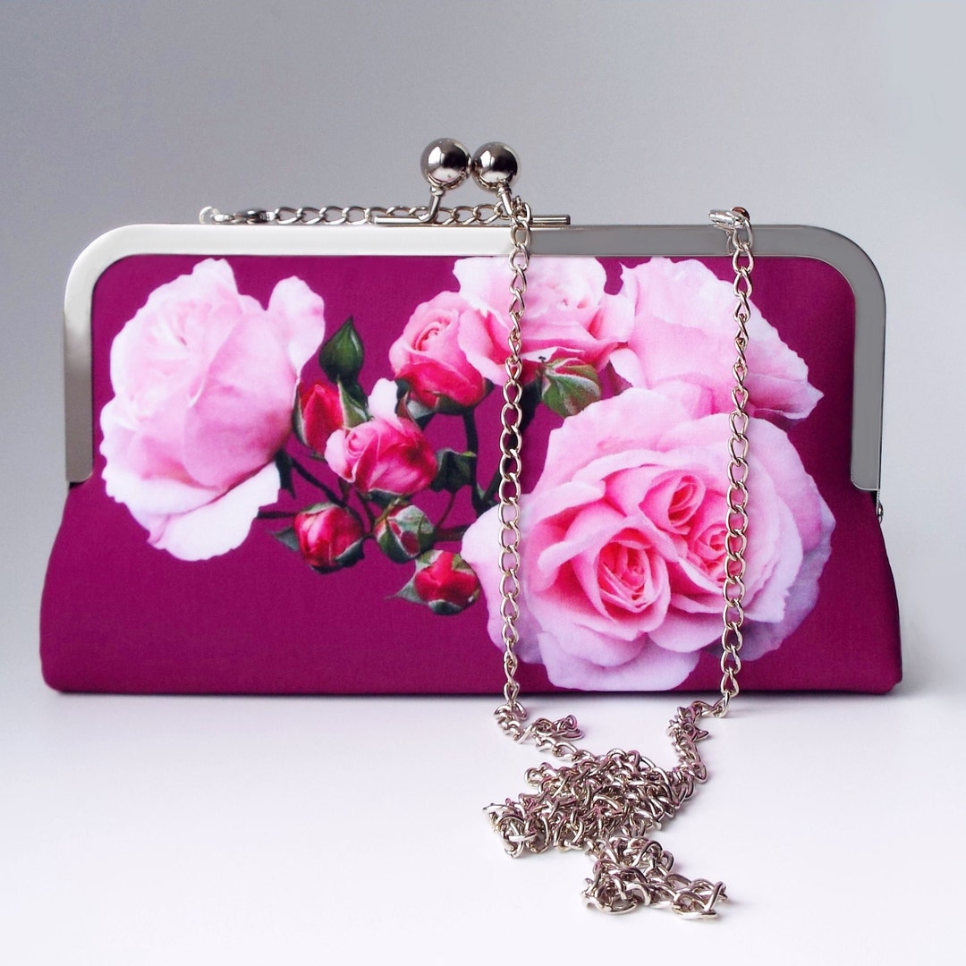 Magenta Clutch Bag, Wedding Guest Clutch With Pink Roses, Floral ...