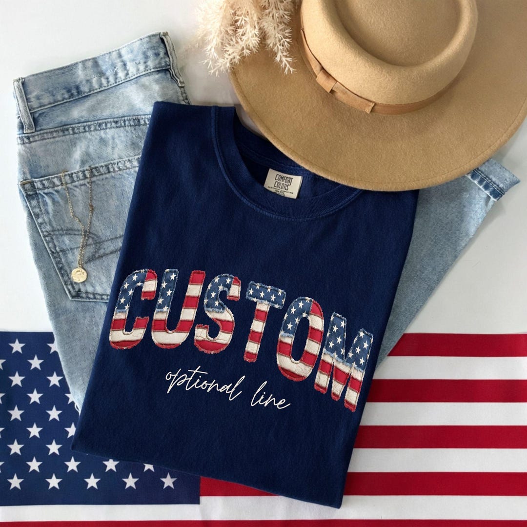 Custom Patchwork Name Shirt, Personalized USA Flag Tee, Faux Patchwork ...