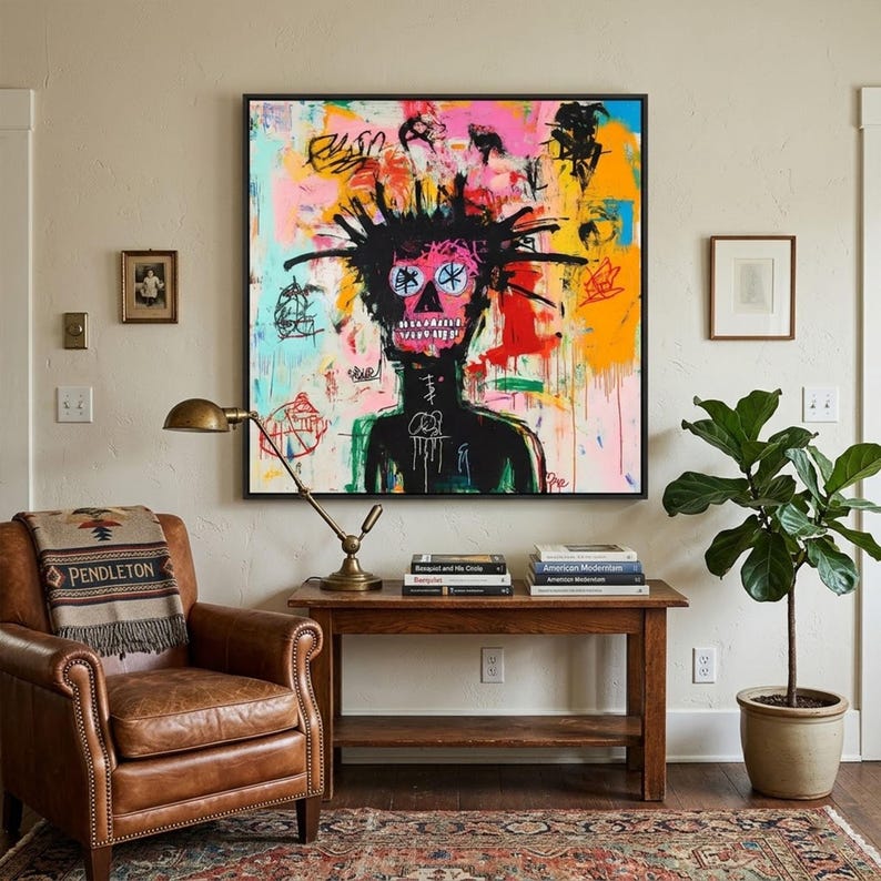 Abstract Skull Fine Art Colorful Crown Skeleton Picture Handmade Large ...
