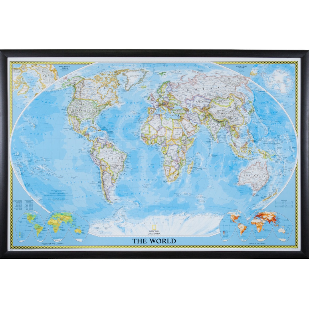 Classic World Push Pin Travel Map, Brazilian Walnut Frame, 24x36-inch ...