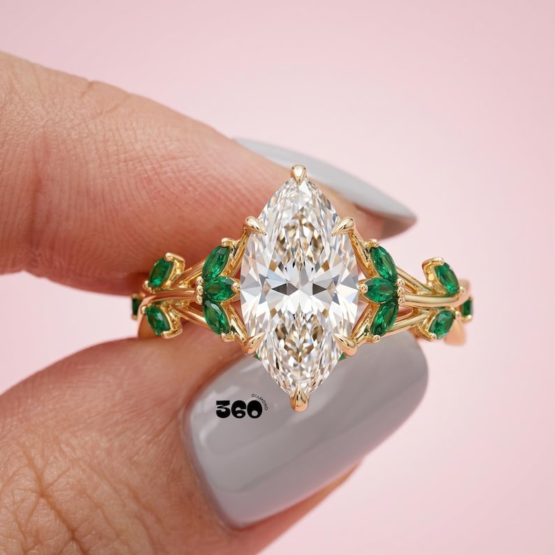 2.00 Ct Marquise Lab Grown Diamond Ring | Emerald Leaf Band, Nature ...