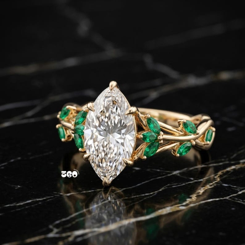 2.00 Ct Marquise Lab Grown Diamond Ring | Emerald Leaf Band, Nature ...