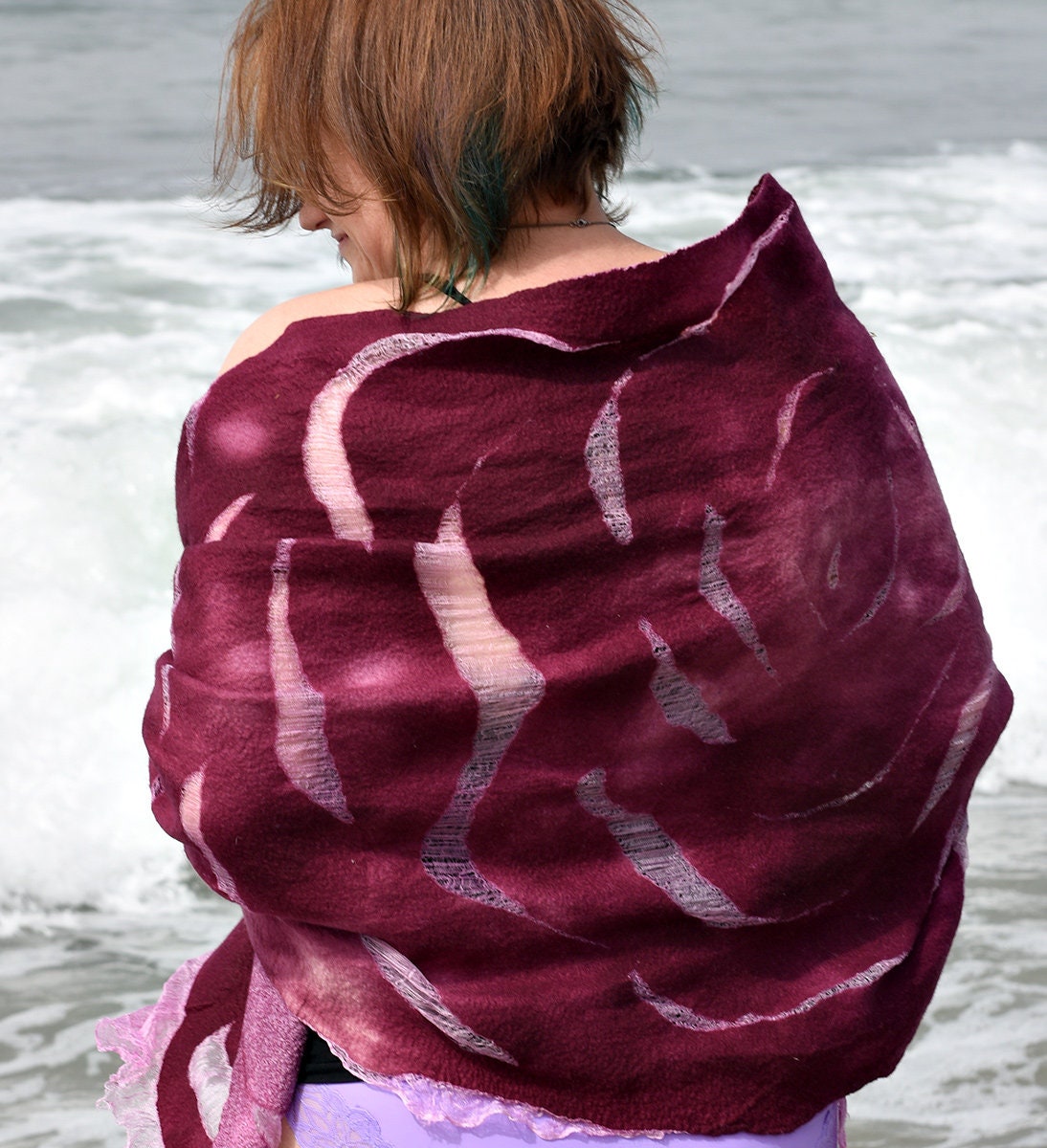 Personalized Nuno Felt Shawl: Merino Wool Evening Wrap With Silk Rose ...