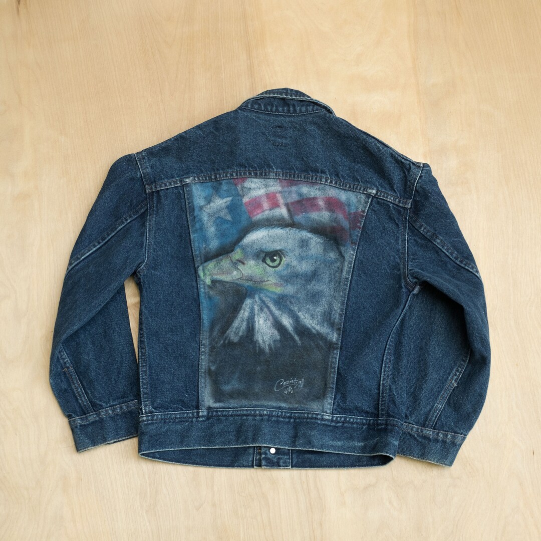Vintage XS 90s Lee Riders Denim Trucker Jean Jacket Bald Eagle Fits ...