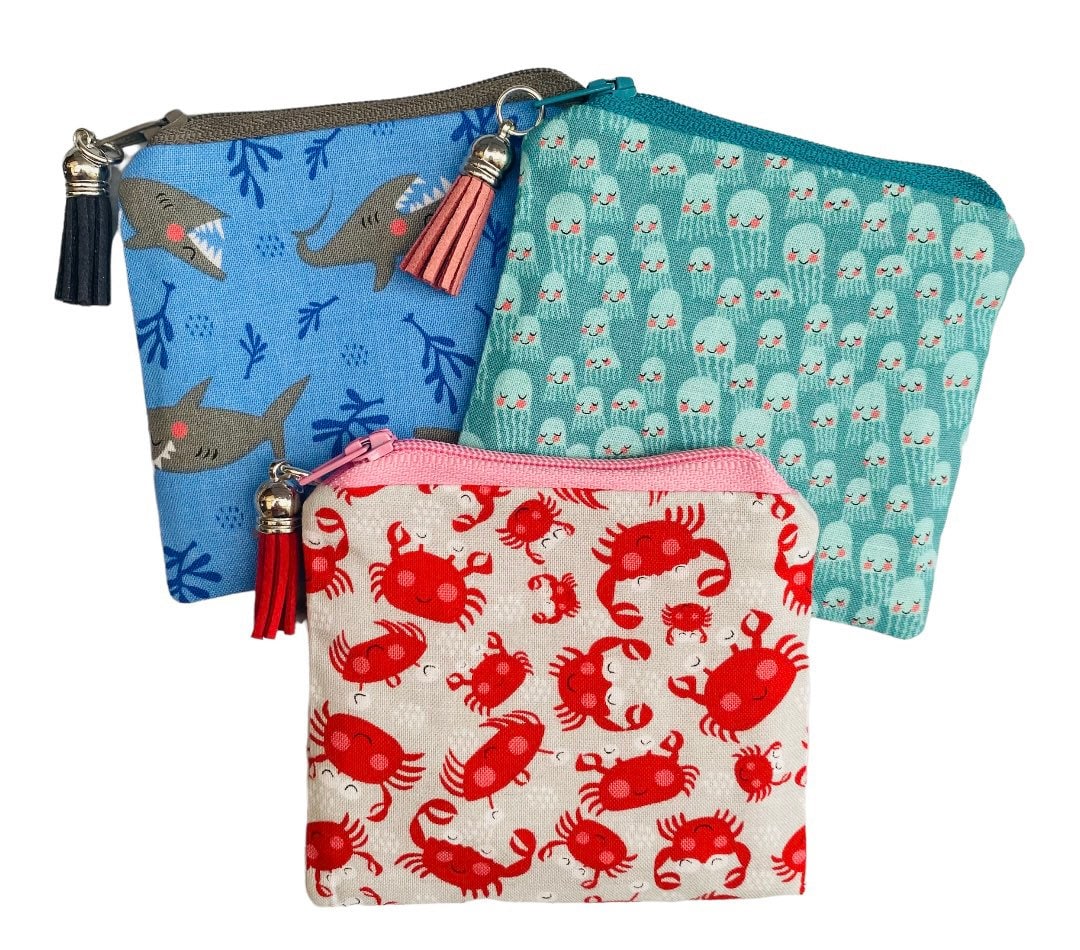 Sealife Sea Animals Fabric Coin Purse Pouch 2 Sizes Crab Jellyfish ...