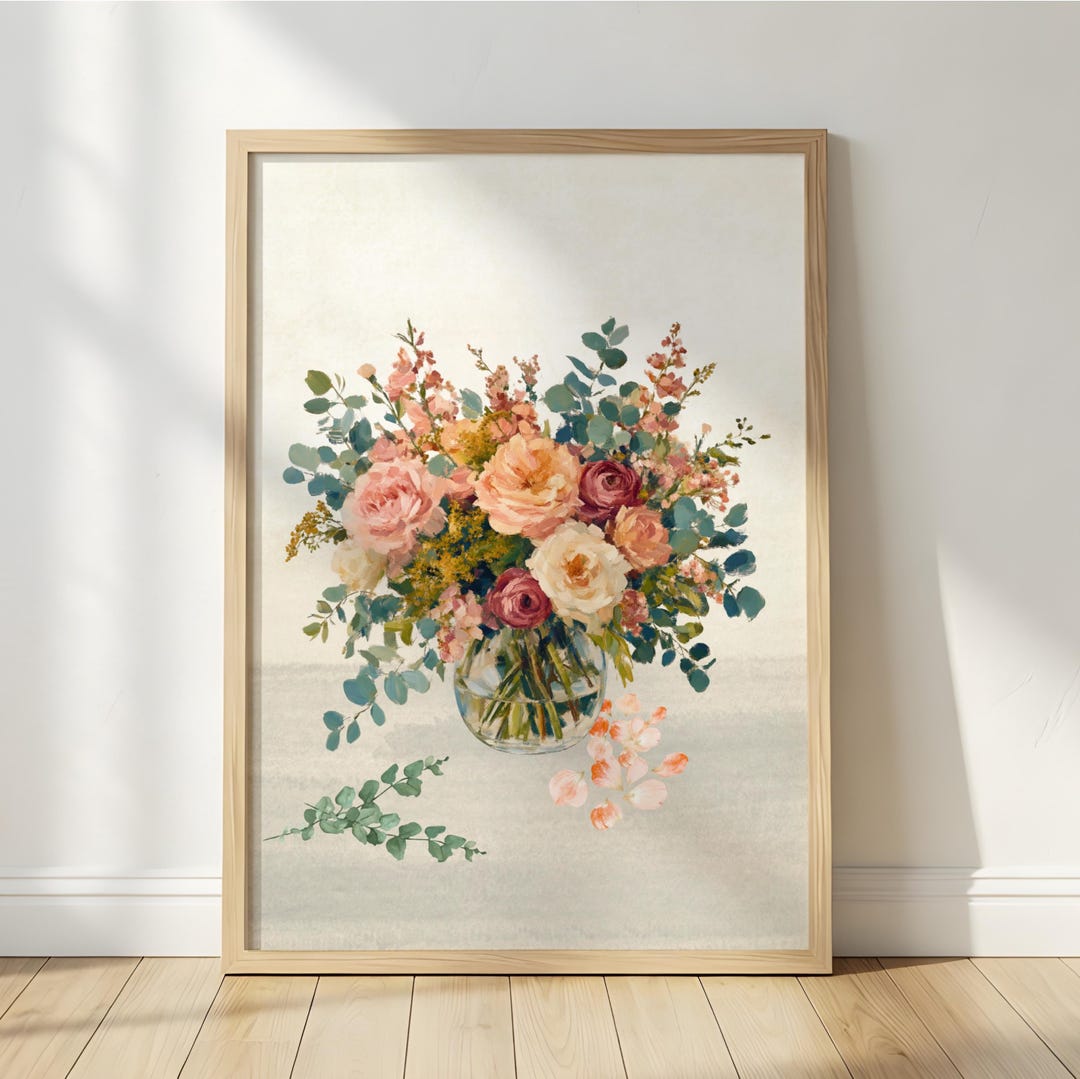 Watercolor Rose Floral Art Print, Pressed Flower Wall Decor (digital ...