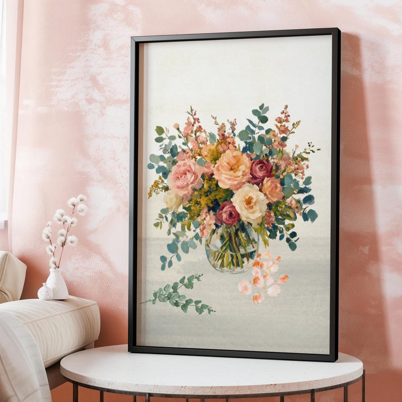 Watercolor Rose Floral Art Print, Pressed Flower Wall Decor (digital ...