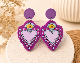 Pink and Purple Ex-voto Heart Earrings | Colorful Boho Drop Earrings ...