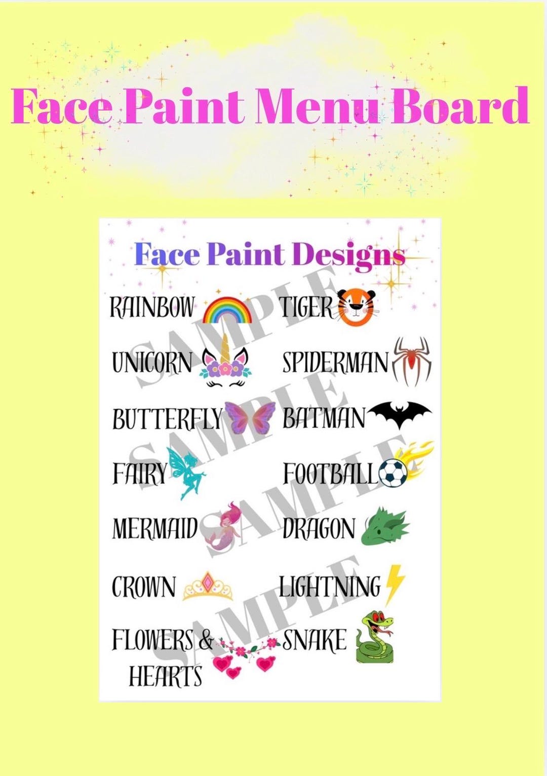 Face Painting Menu Board Printable A4 PDF - Etsy