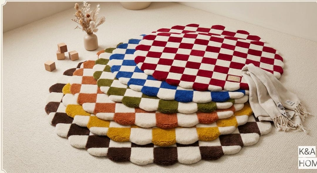Hand Tufted Scalloped Checkerboard Rug, Round Checkered Area Rug, Cute ...