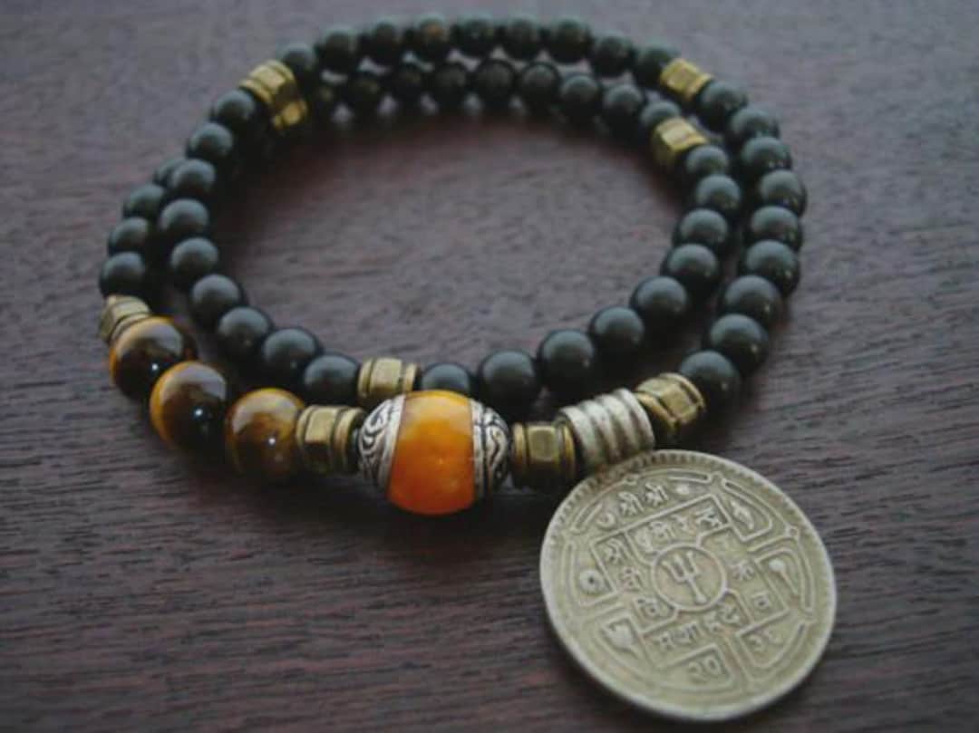 Tibetan Copal Shiva's Trident Mala Bracelet // Tiger Eye, Copal, 54 ...