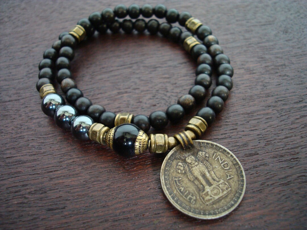 Tibetan Onyx & Hematite Indian Coin Mala Bracelet // 54 Bead Double ...