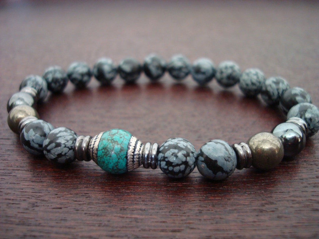 Men's Tibetan Turquoise & Obsidian Mala Bracelet // Turquoise, Hematite ...
