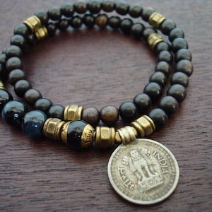 Tibetan Capped Onyx Indian Coin Mala Bracelet // Blue Tigers Eye 54 ...