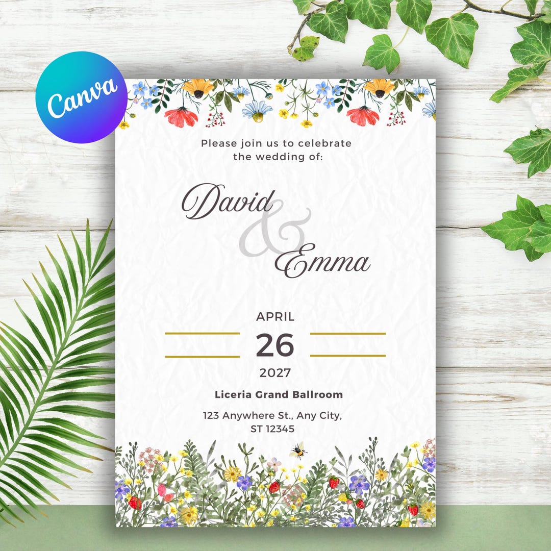 Wedding Invitation Template, Wildflower Canva Editable Wedding Card ...