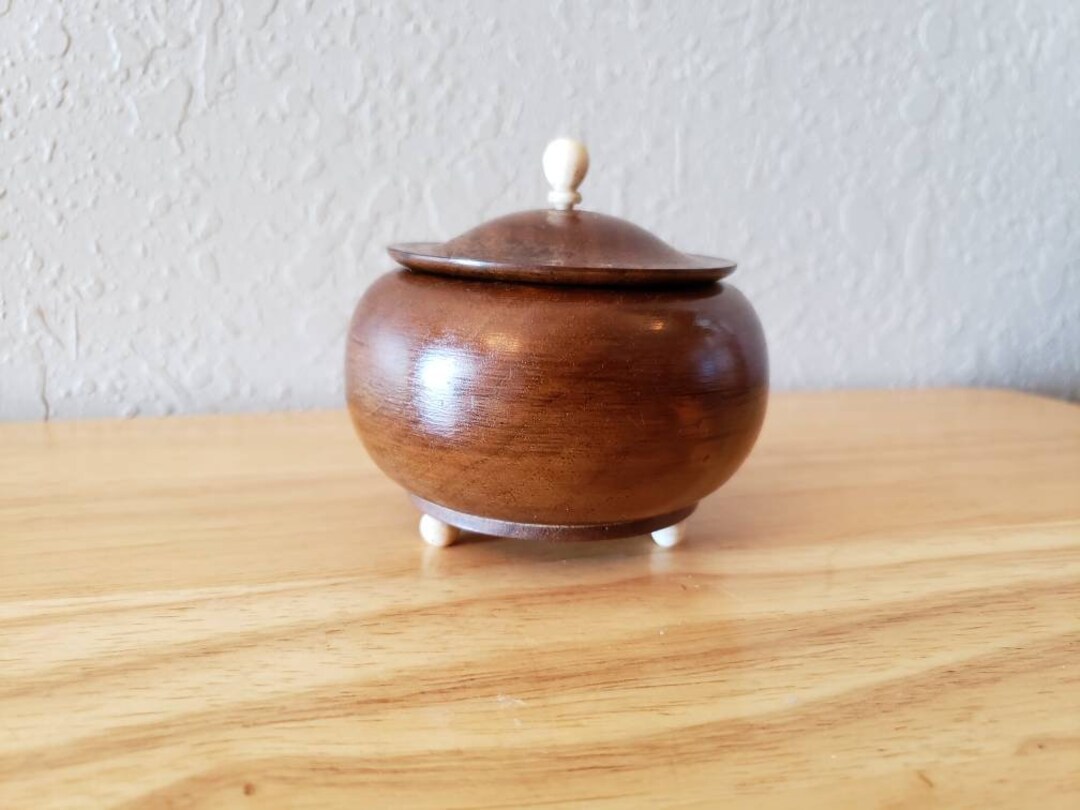 Small Round Vintage Turned Wood Jewelry Box, Ring Box, Trinket Box With ...